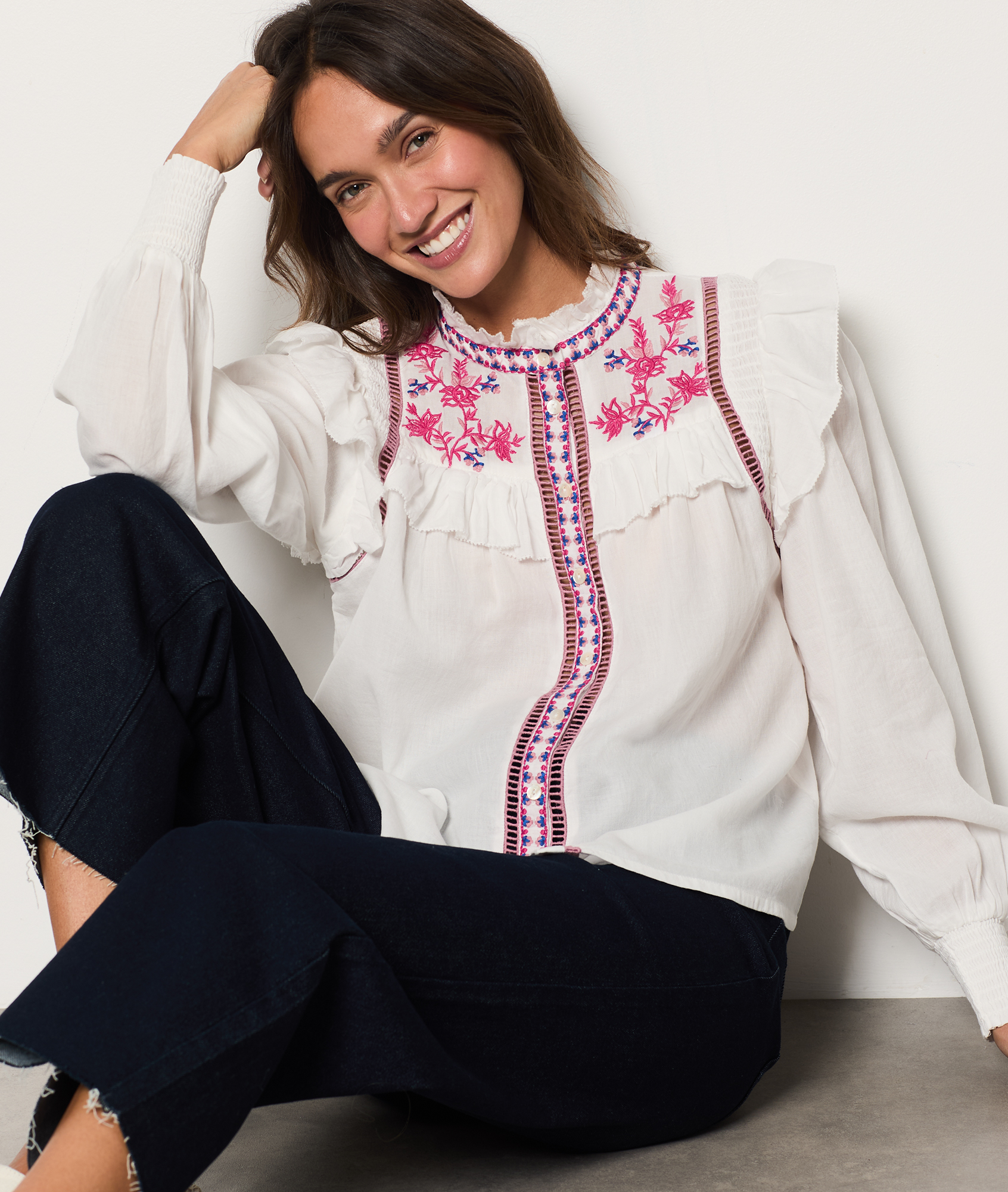 Embroidered Long-Sleeve Blouse with Ruffle Details - HELENA BROD - ECRU ...