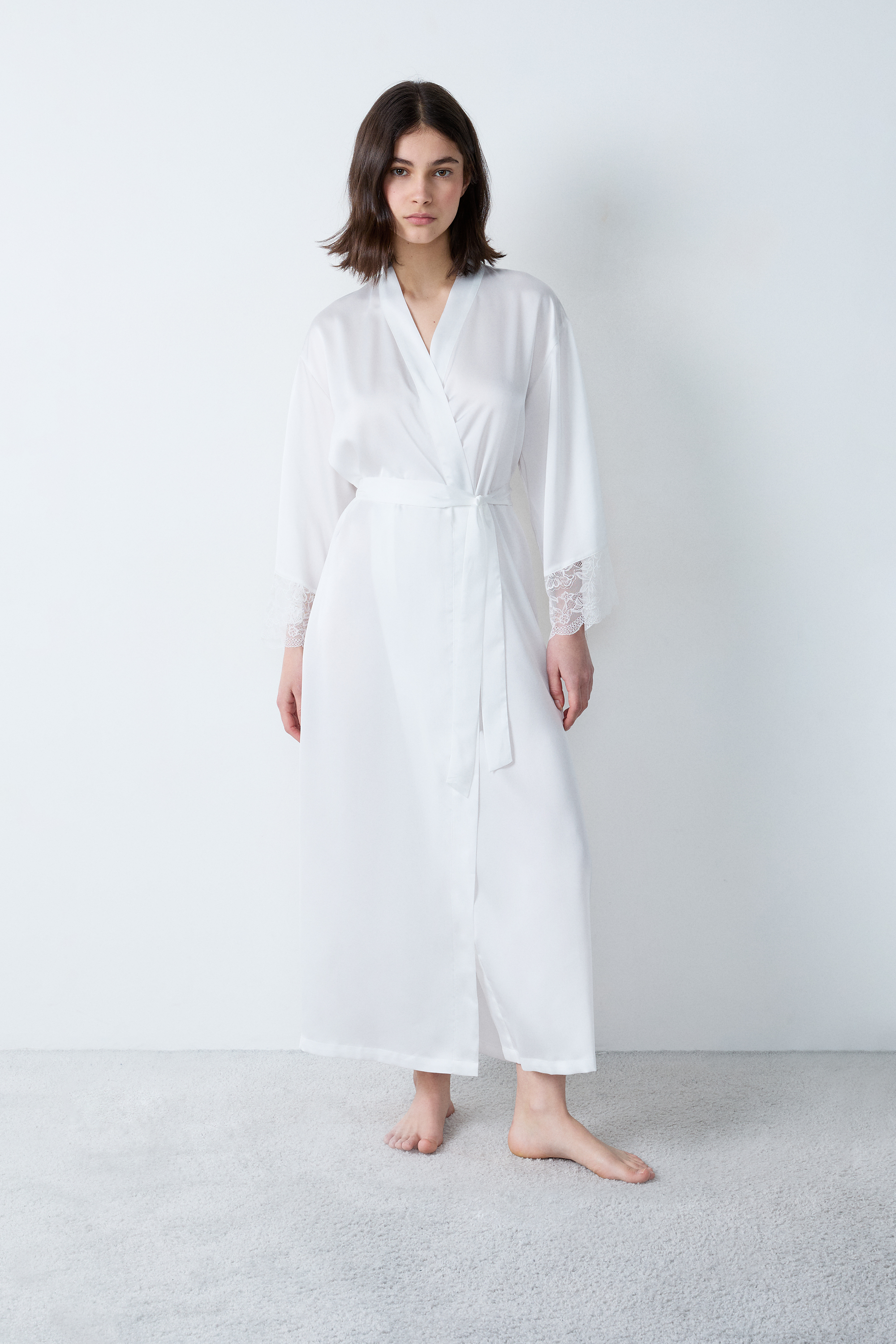 Long Satin Robe with Lace Details - DESIRE - BLANC - ETAM