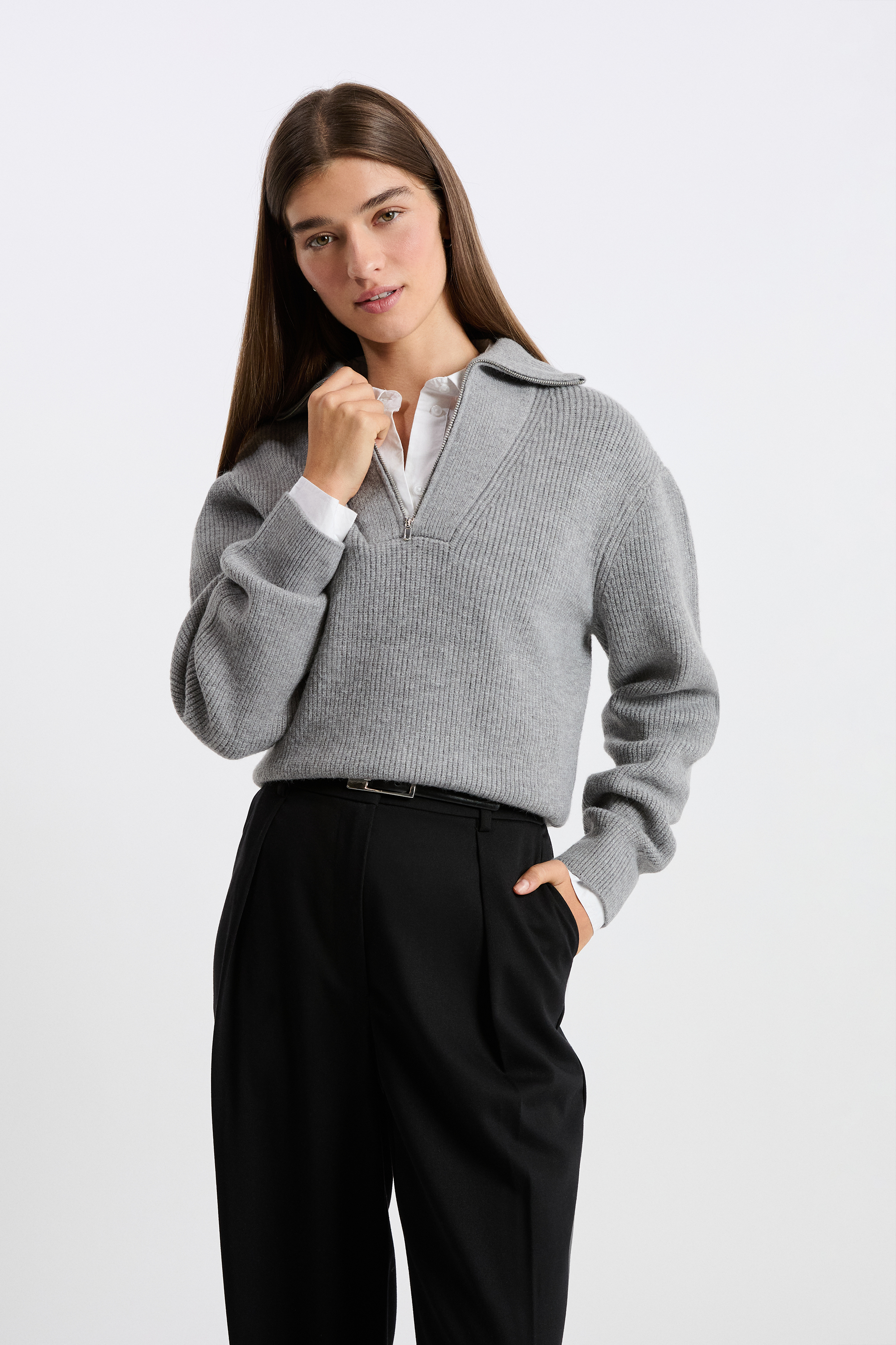 Zip-Up Crew Neck Sweater - LULU CAMIONNEU - GRIS - ETAM