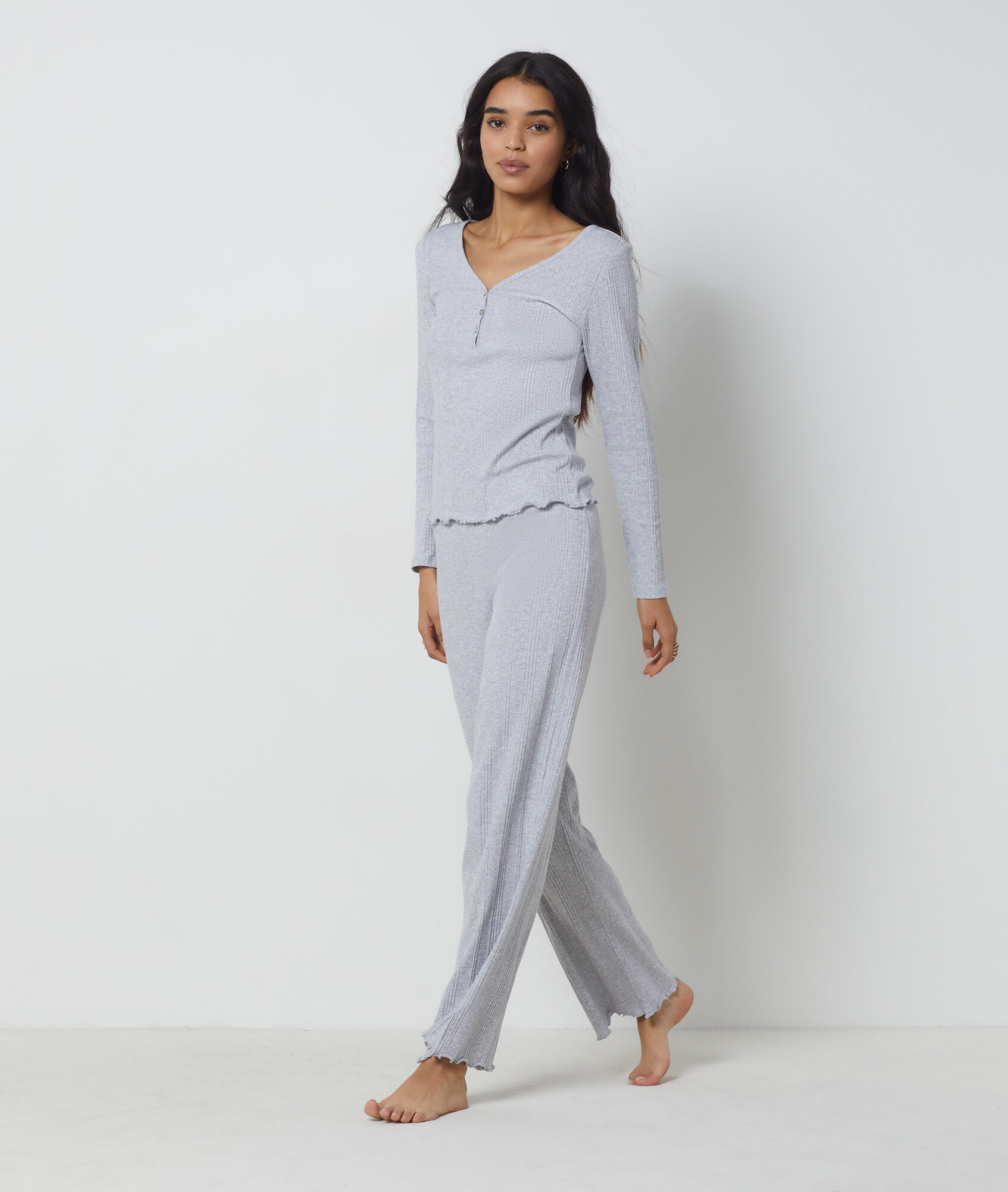 Rib-Knit Brogue Pajama Pants - COLY - GRIS CLAIR - ETAM