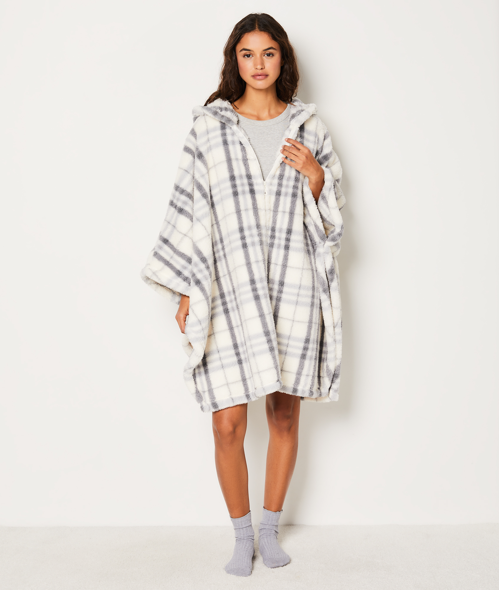 Plaid Fleece Poncho - GEMMY - GRIS - ETAM