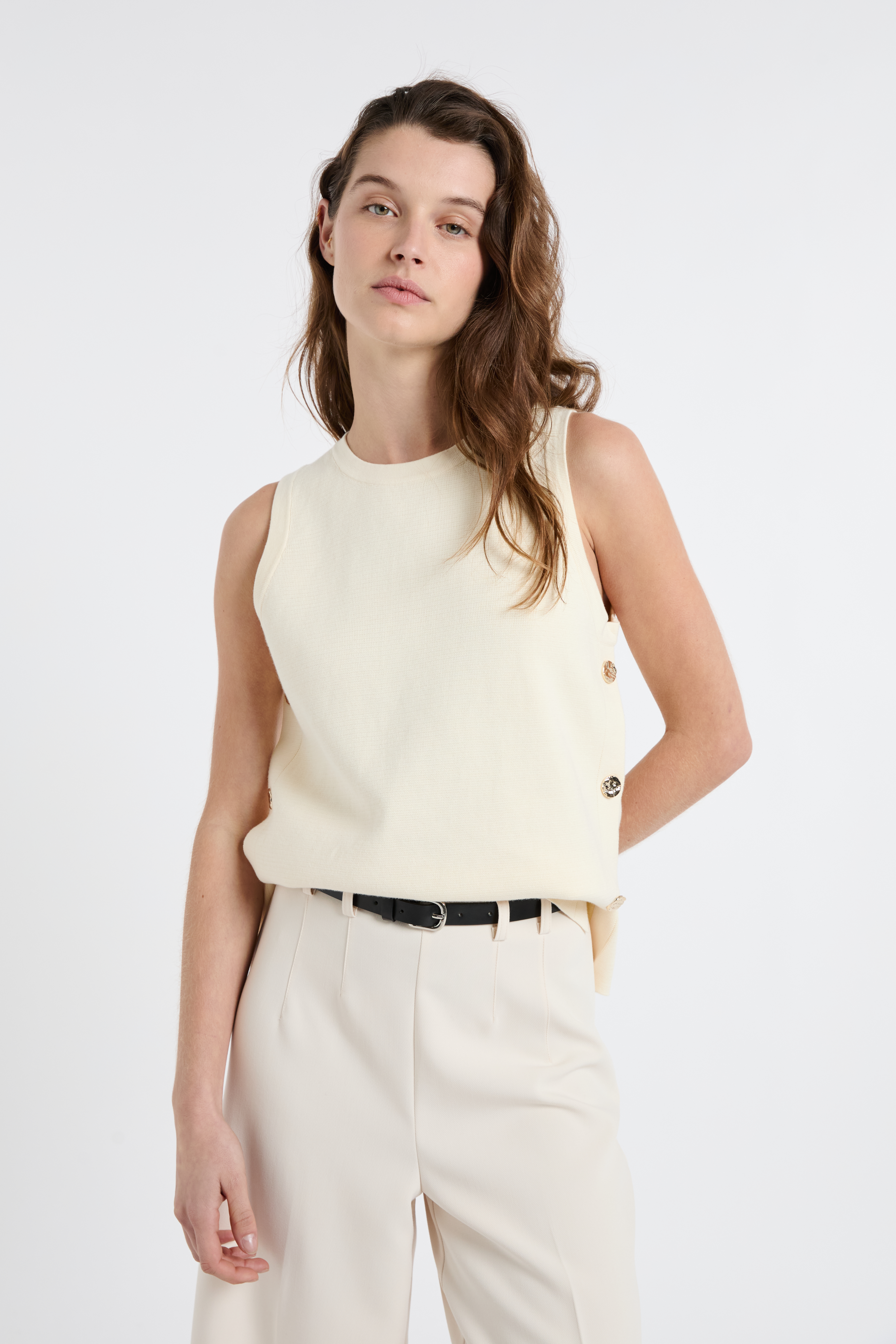 Top sans manches en coton avec boutons dorés - PAQUITA - LIN - ETAM